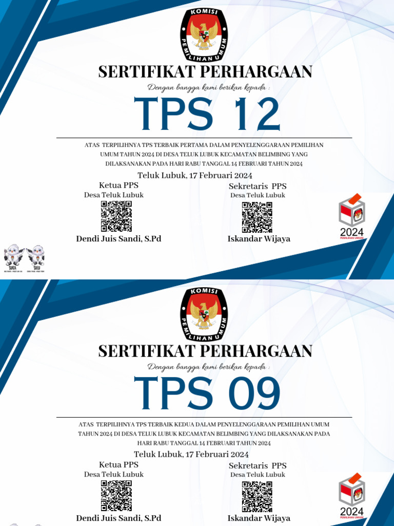 Sertifikat TPS Terbaik Desa Teluk Lubuk | PDF