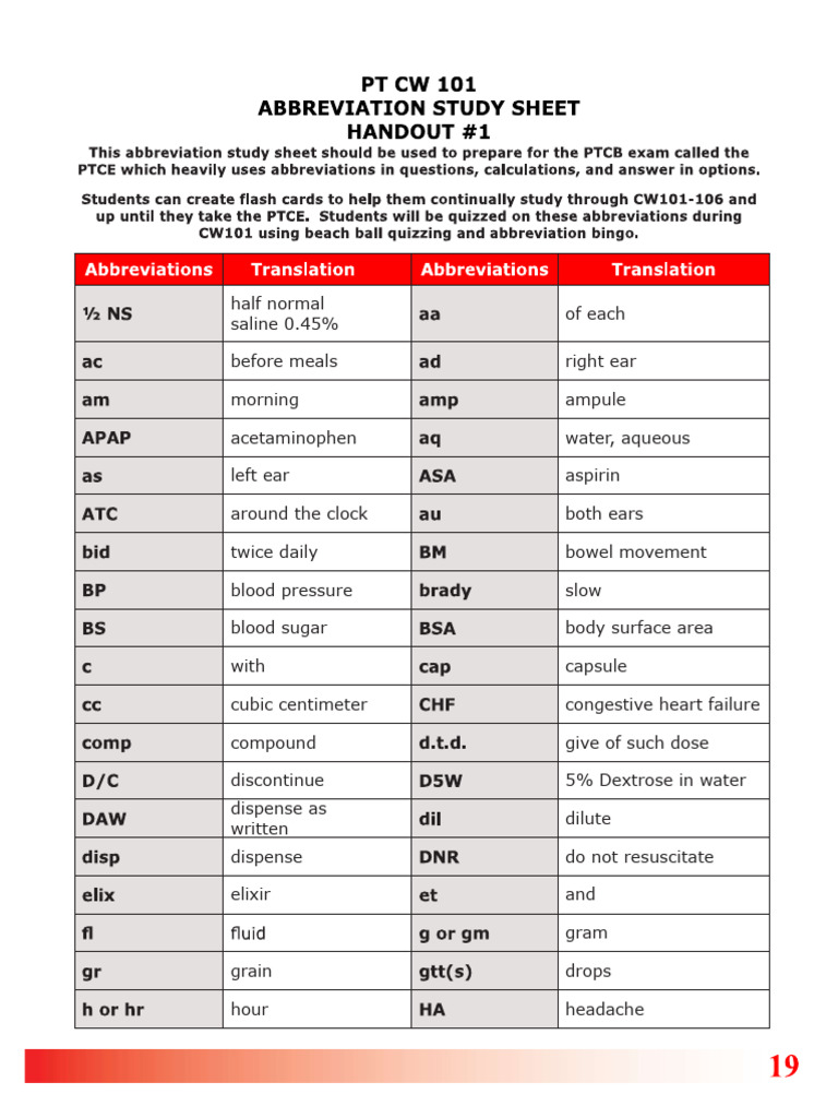 Abbreviation Study Sheet | PDF | Intravenous Therapy | Clinical Medicine