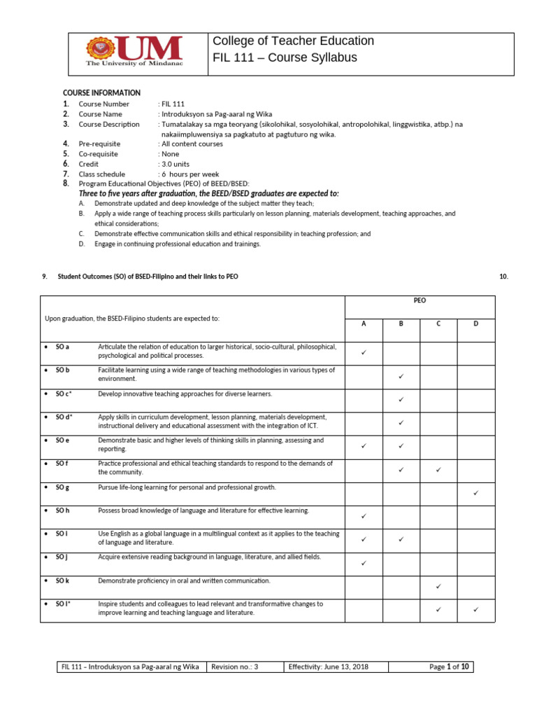 FIL 111 Introduksyon sa Pag-aaral ng Wika (1) | PDF | Educational Assessment | Curriculum