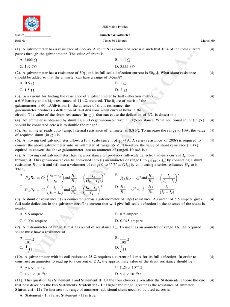12th Jee DPP - 4 Ammeter & Voltmeter QP | PDF | Measuring Instrument | Electronics