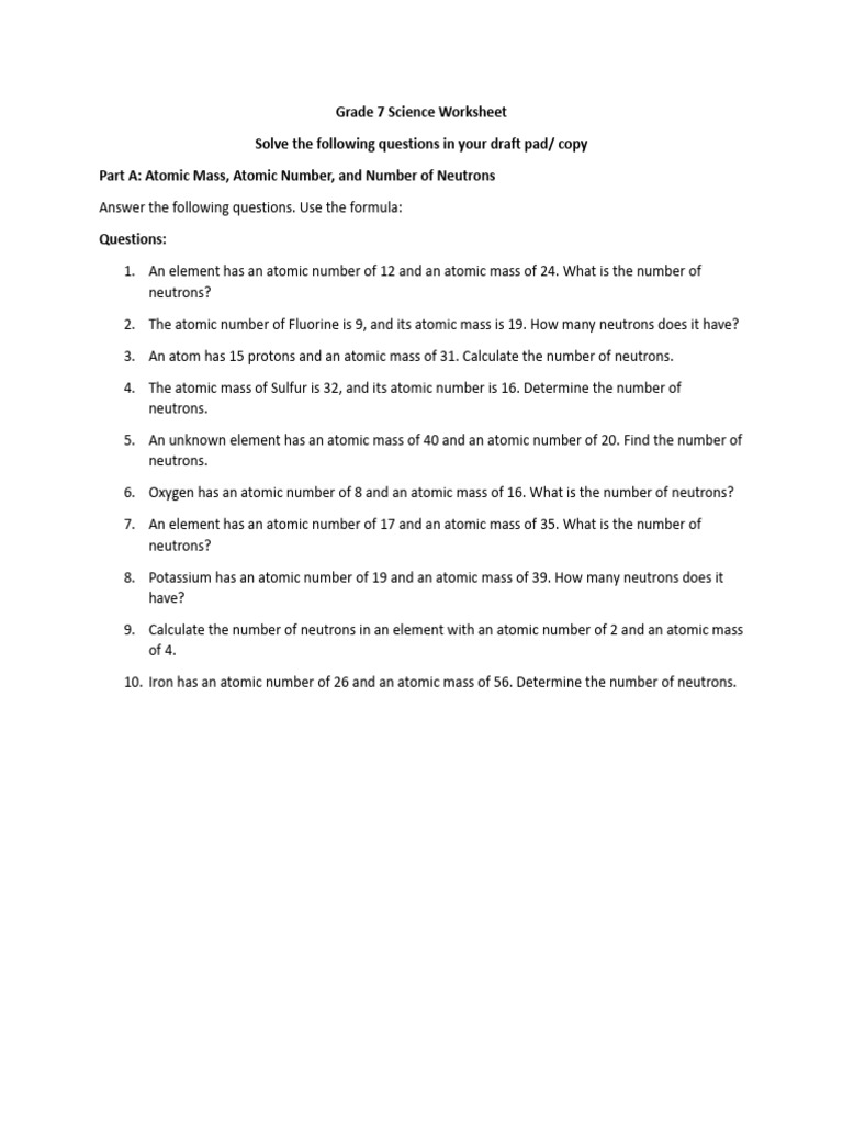 Grade 7 Science Revision Worksheet | PDF | Chemical Elements | Neutron