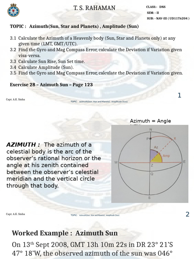 3.1 To 3.5 Azimuth (Sun, Star and Planets), Amplitude (Sun) | PDF ...