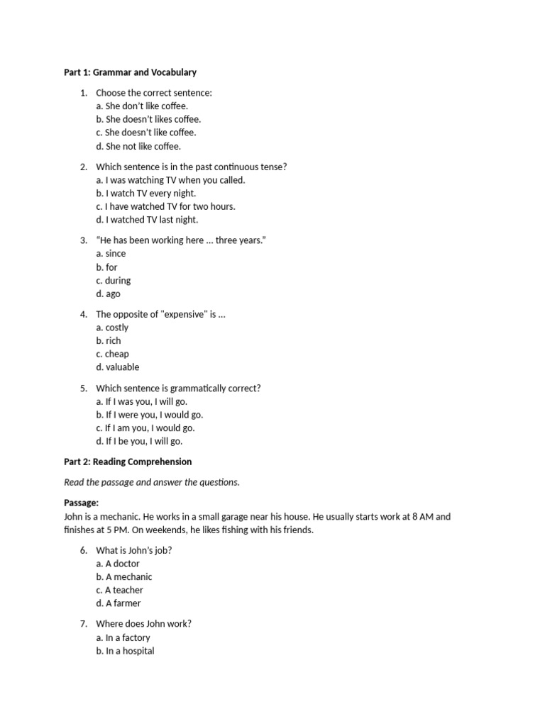 Grammar and Vocabulary Practice Test | PDF | Electrician