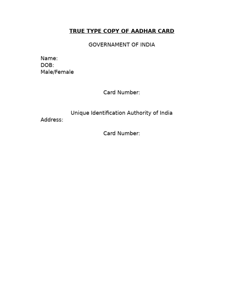 Format of True Type Copy of Aadhar Card | PDF