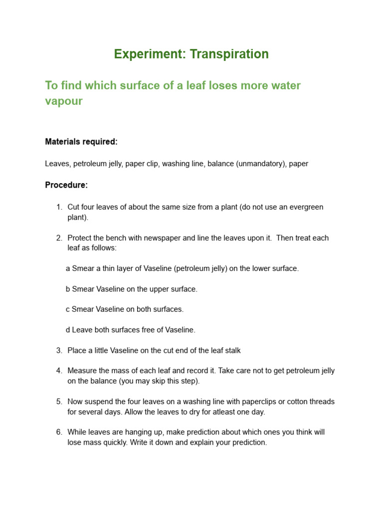 Experiment - Transpiration | PDF