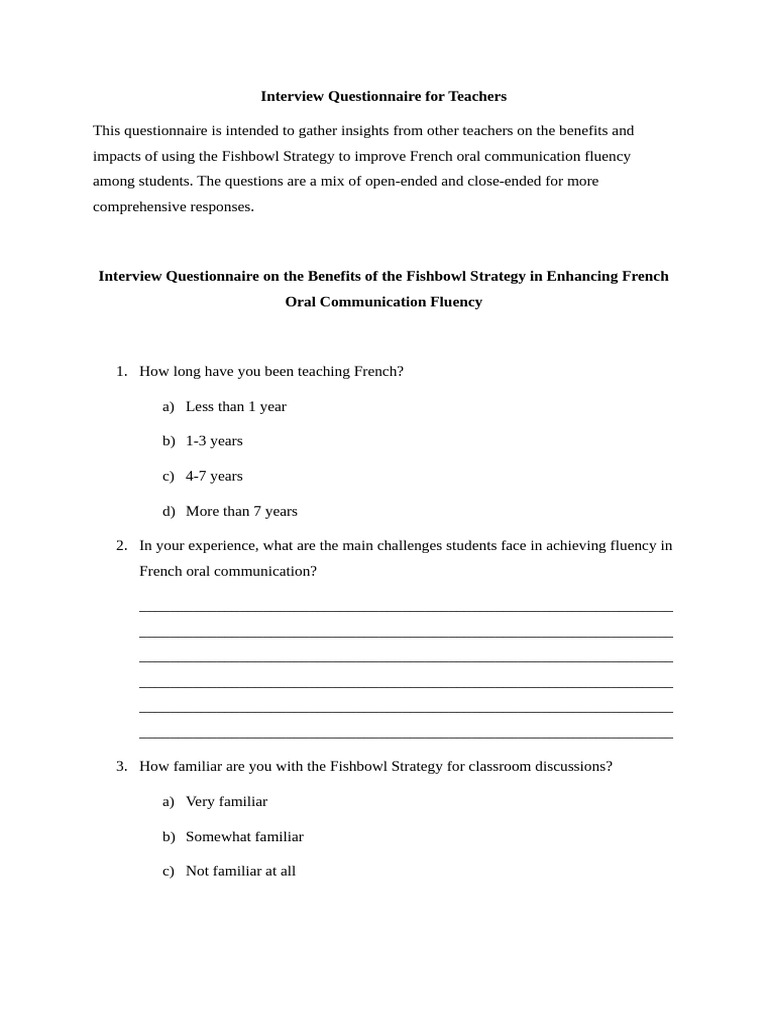 Interview Questionnaire for Teachers | PDF | Fluency | Communication