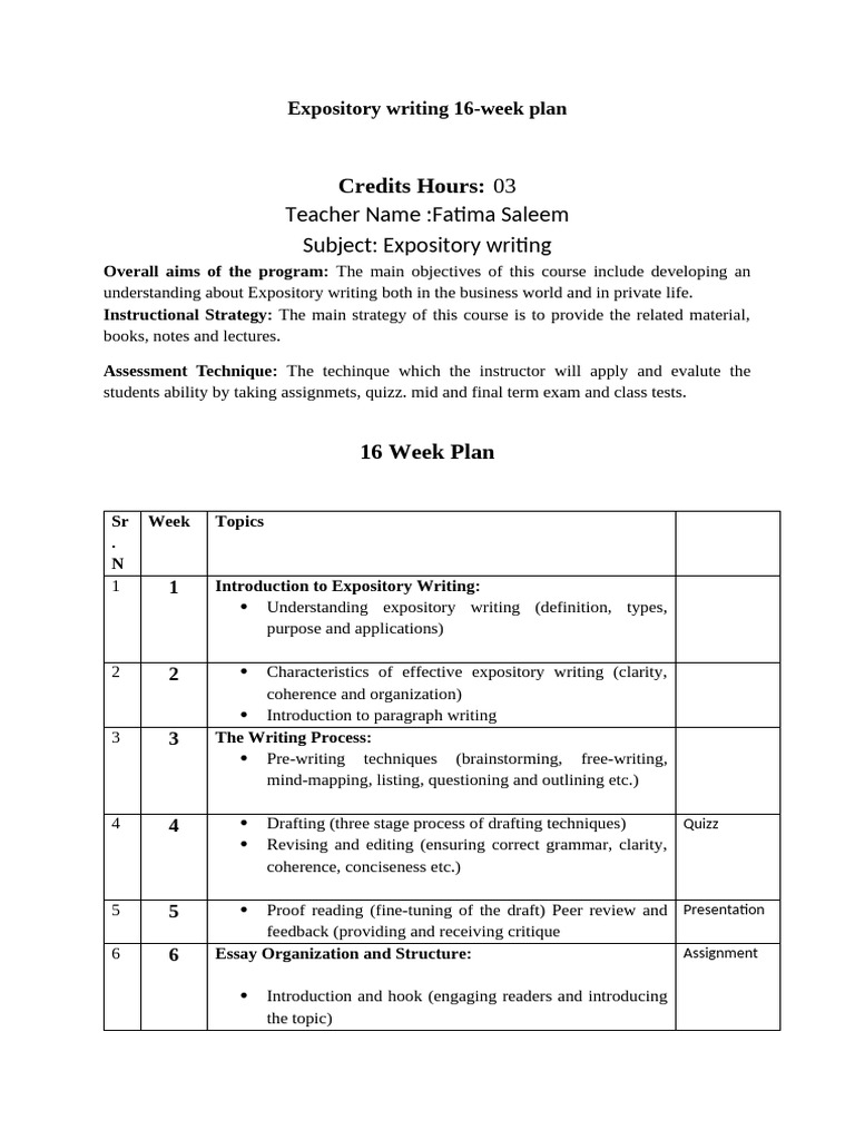 Expository Writing 16 week plan Fatima1 | PDF | Essays | Writing