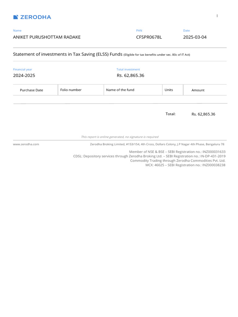 Zerodha ELSS Investment Statement 2025 | PDF