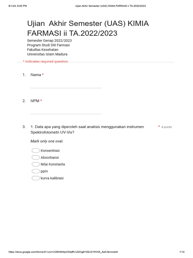 UAS KIMFAR 2 Kelas A 2022 - 2023 - Google Forms | PDF