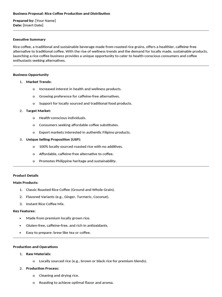 Business Proposal - Rice Coffee Production | PDF | Coffee | Pricing