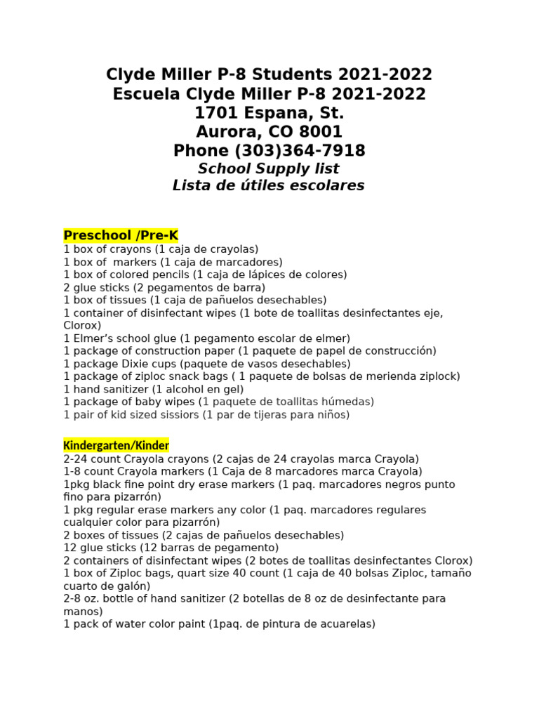 Clyde Miller P-8 School Supply List 2021-22 | PDF