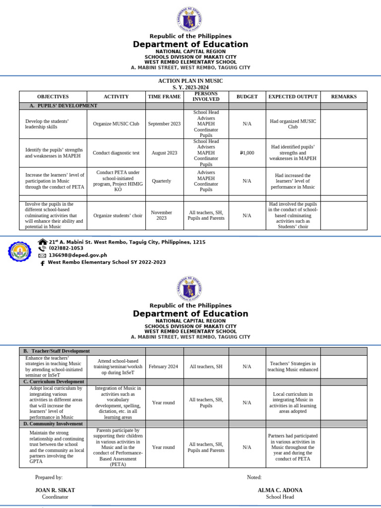 Action Plan for Music Education 2023-2024 | PDF | Teachers | Education ...