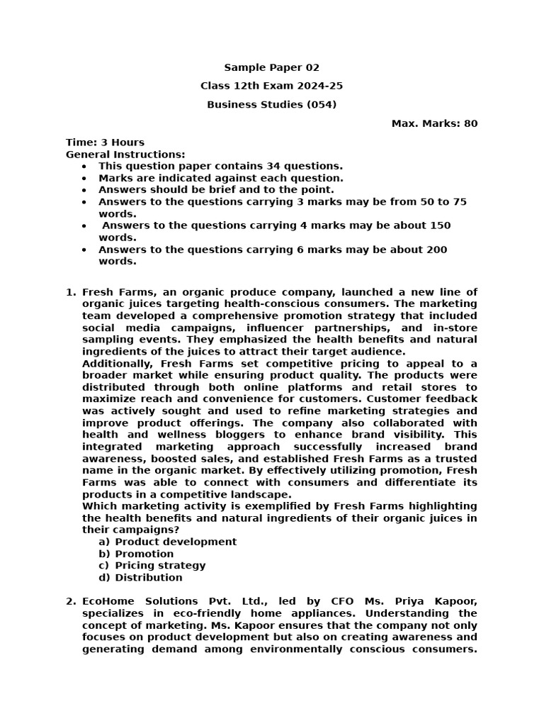 Class 12 Business Studies Sample Paper 2024-25 | PDF | Human Resource ...