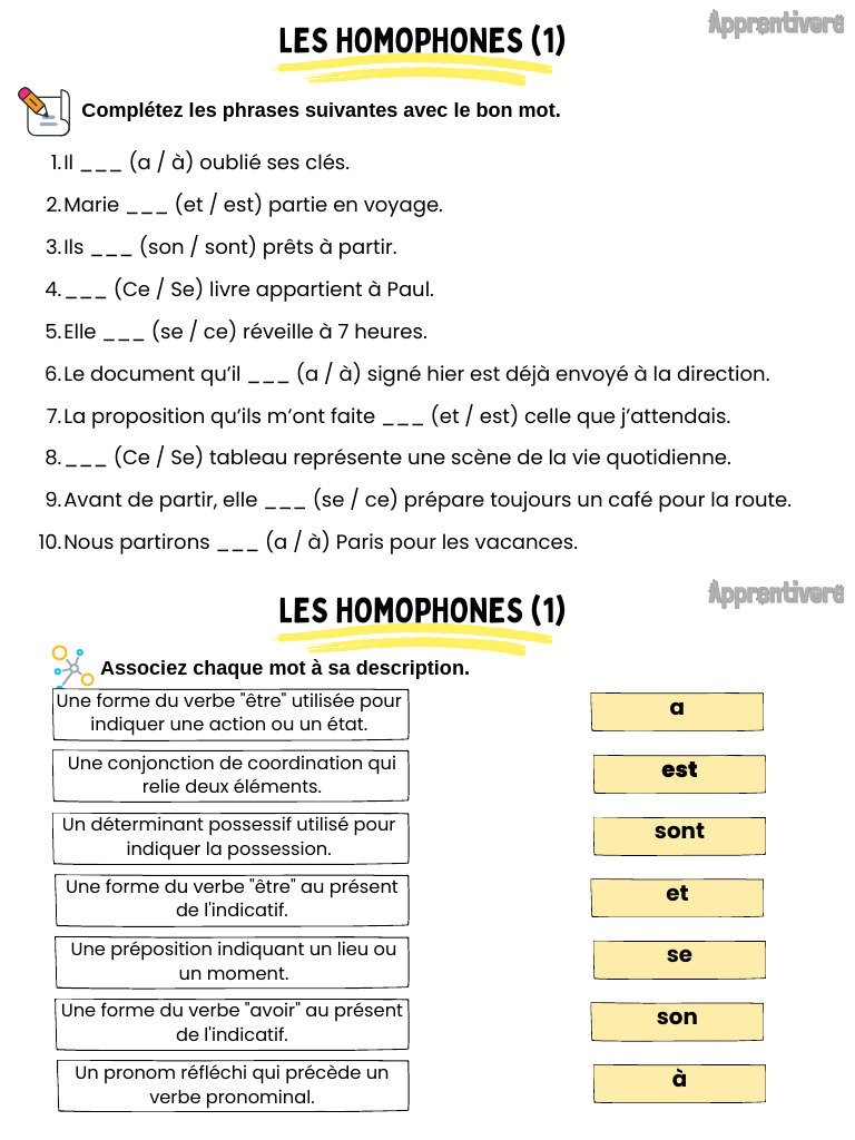 Exercices sur les homophones en français | PDF