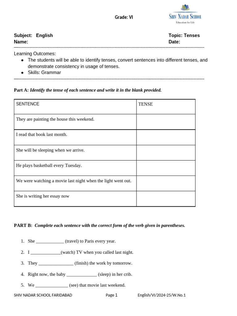 Tenses Worksheet Grade 6 | PDF | Linguistics | Grammar