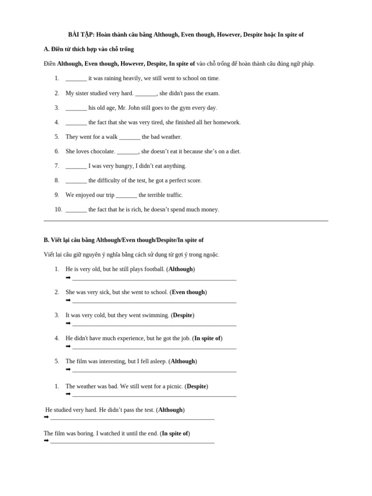 Exercises on Although and Despite Usage | PDF