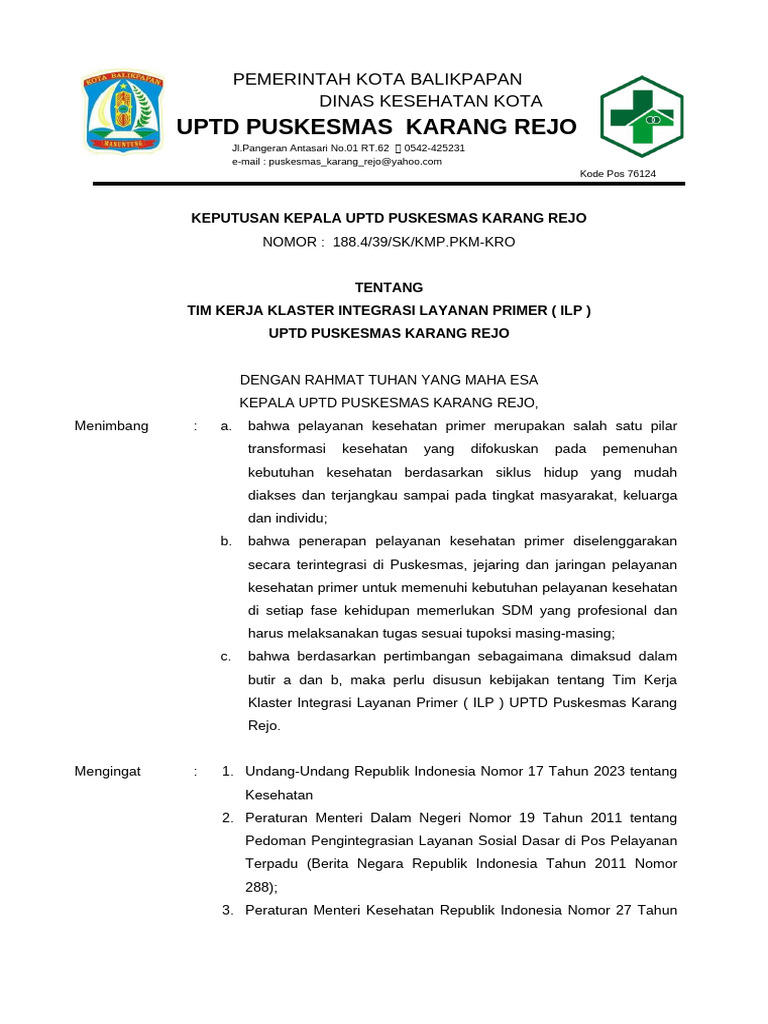 SK Penetapan Tim Kerja Klaster Ilp Karjo 2024 | PDF