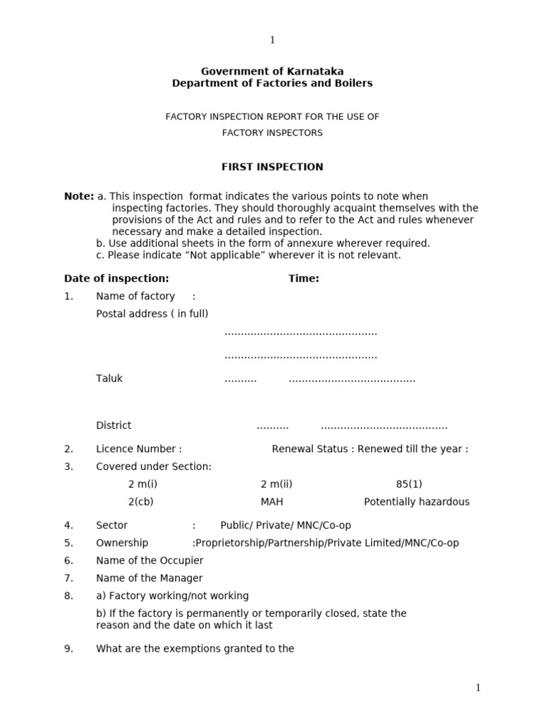 Karnataka Factory Inspection Report | PDF | Overtime | Hazards