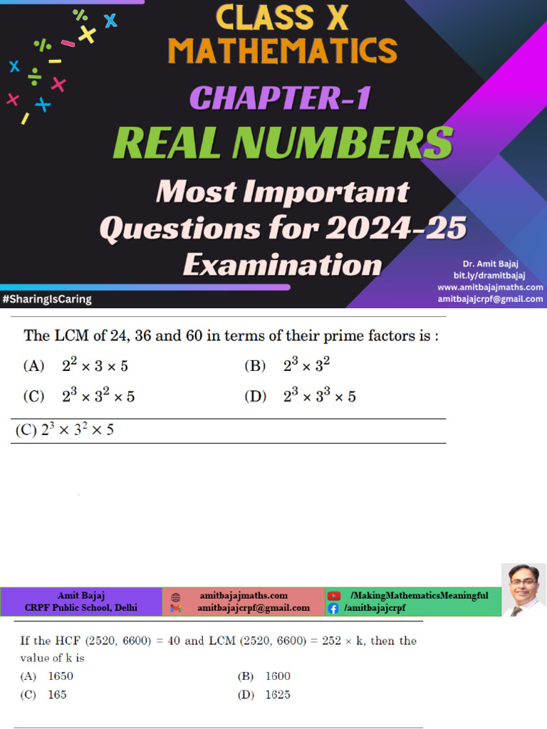 Class X REAL NUMBERS Important Questions For 2024-25 Examination (Dr ...