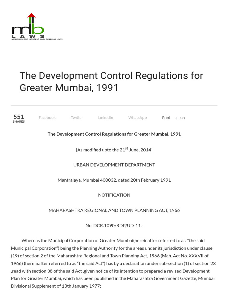 The Development Control Regulations For Greater Mumbai, 1991 ...