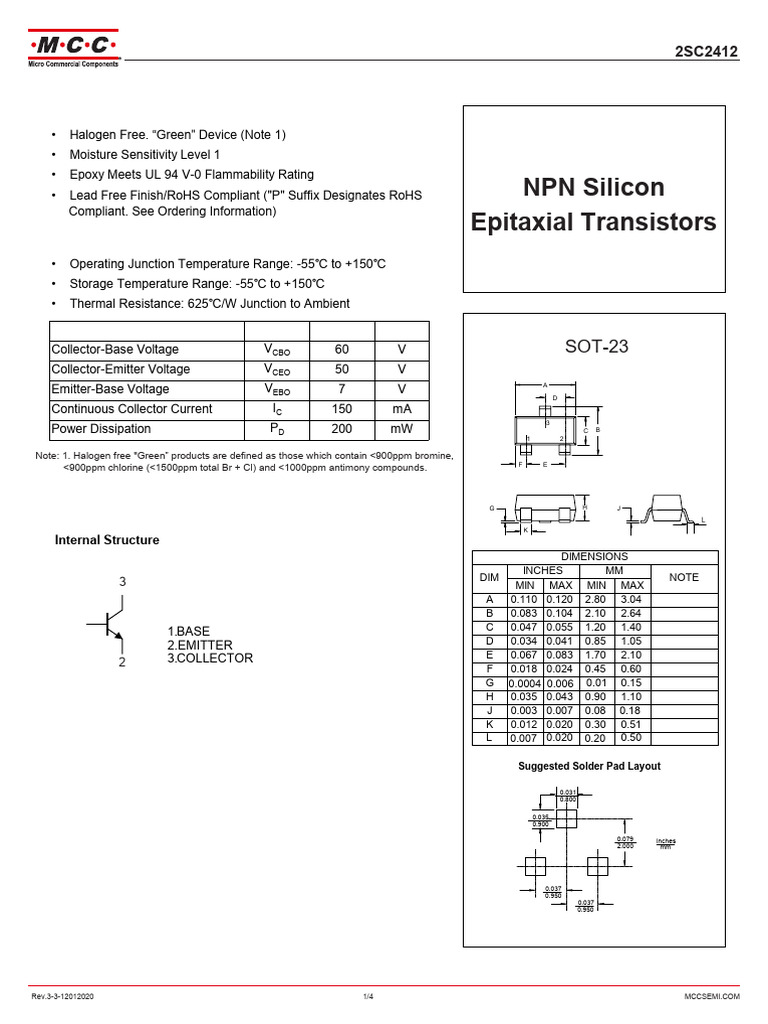 2SC2412 Marking BR BQ BS MCC | PDF | Bipolar Junction Transistor ...