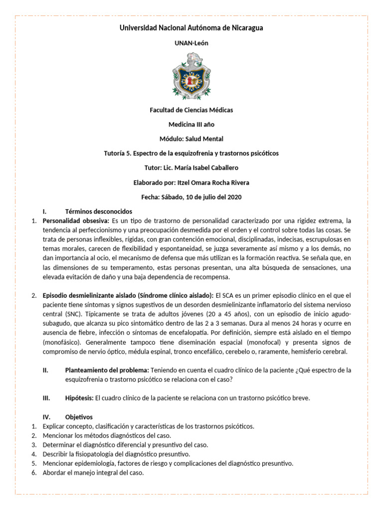 Tutoria 5. Itzel Rocha | PDF | Psicosis | Esquizofrenia