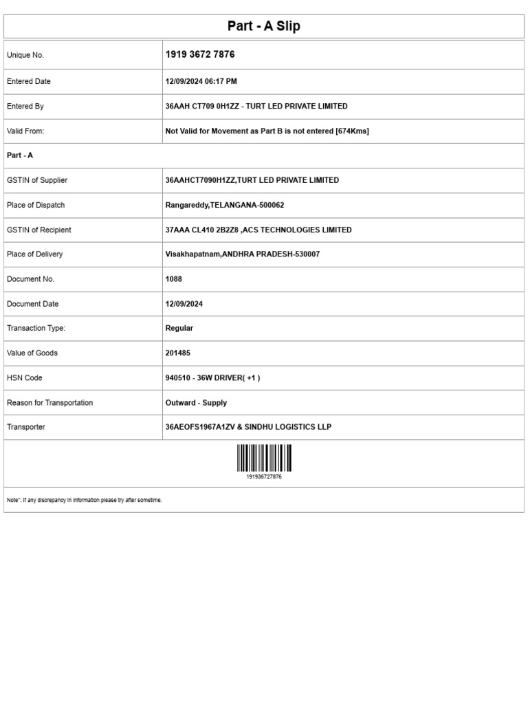 GST Part A Slip for Transportation 2024 | PDF