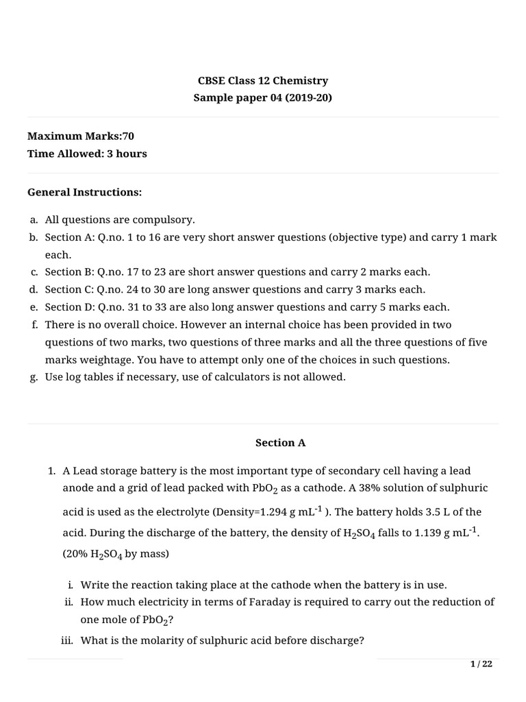 CBSE Class 12 Chemistry Sample Paper | PDF | Transition Metals ...