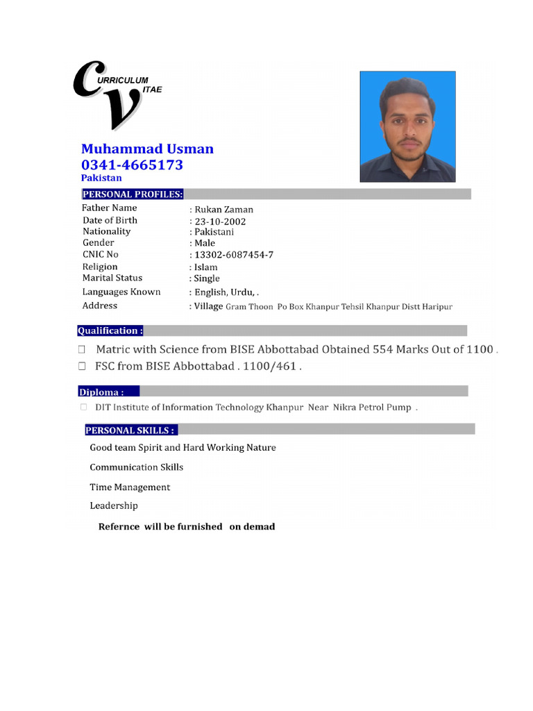 Usman CV FSc (Pre-Medical) | PDF