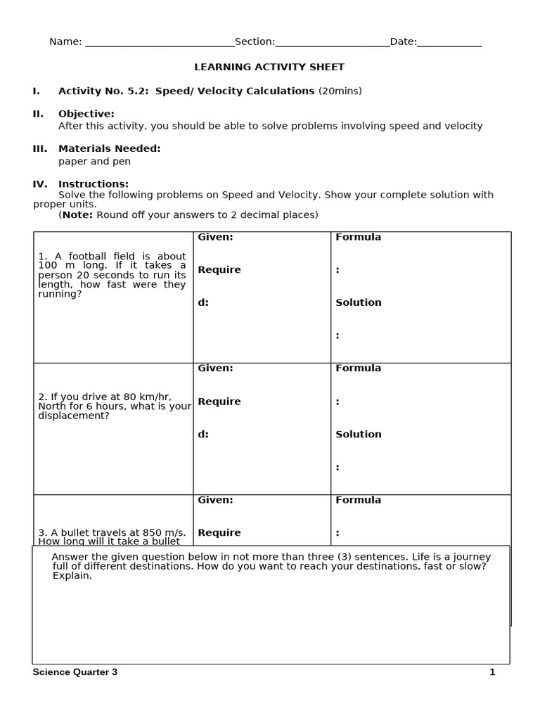 Q3 - WS - Science 7 Calculating Speed - Homework | PDF | Speed | Velocity