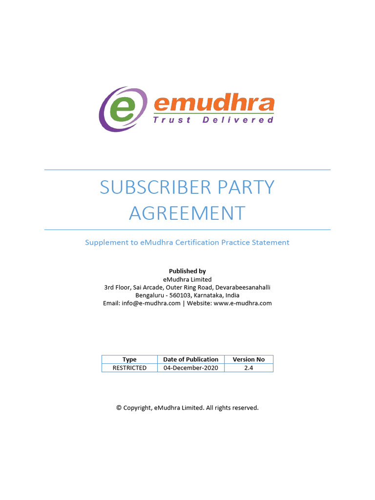 Emudhra SubscriberAgreement | PDF | Legal Liability | Damages