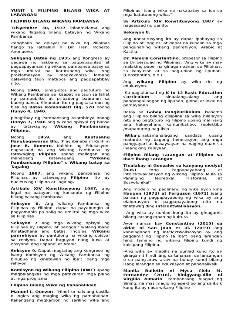 YUNIT 1 FILIPINO BILANG WIKA AT LARANGAN reviewer | PDF