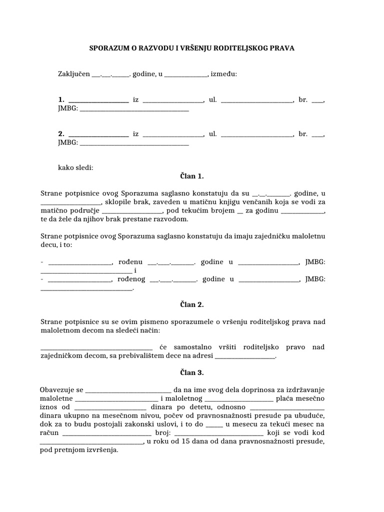 Sporazum o Razvodu I Vršenju Roditeljskog Prava Model | PDF