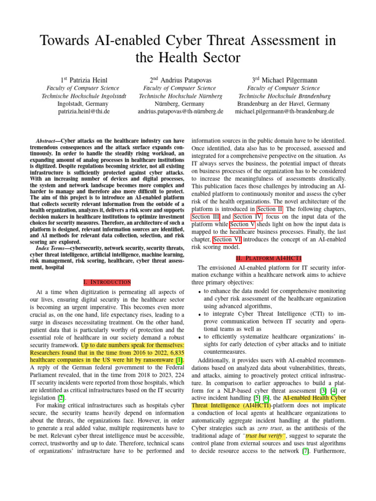Towards AI-enabled Cyber Threat Assessment in Healthcare Sector | PDF ...