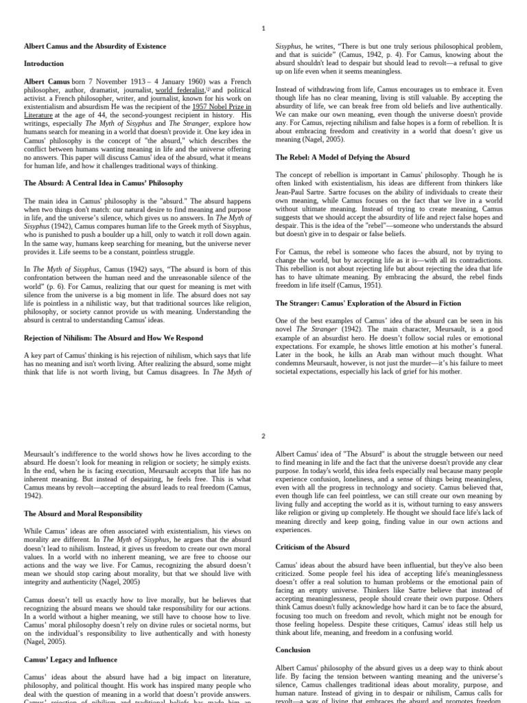 Albert Camus and Absurdity | PDF | Albert Camus | Existentialism