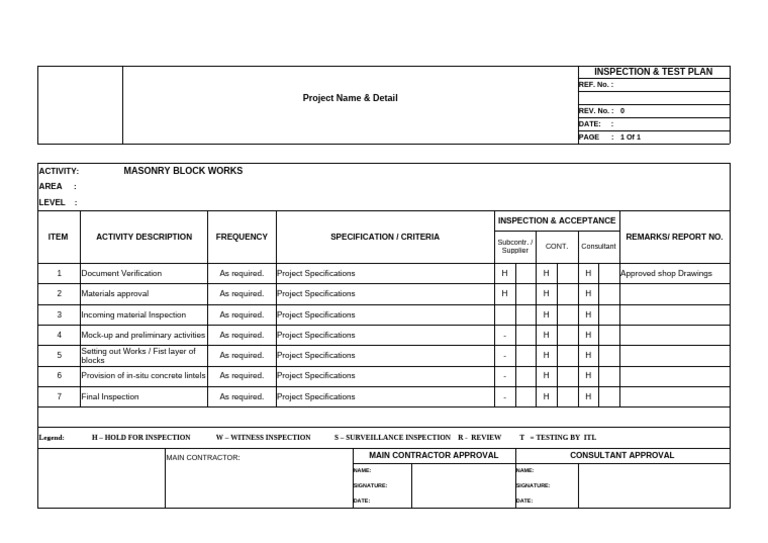 ITP For Masonry Block Works | PDF | Specification (Technical Standard ...