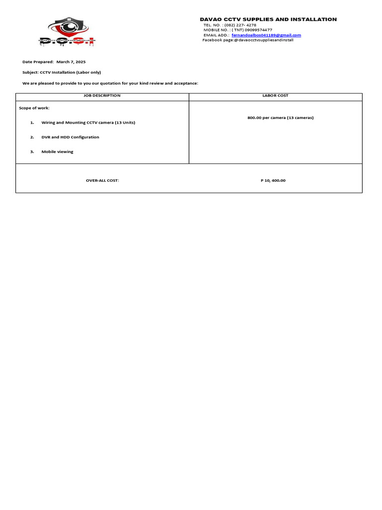 CCTV Installation Labor Quotation | PDF
