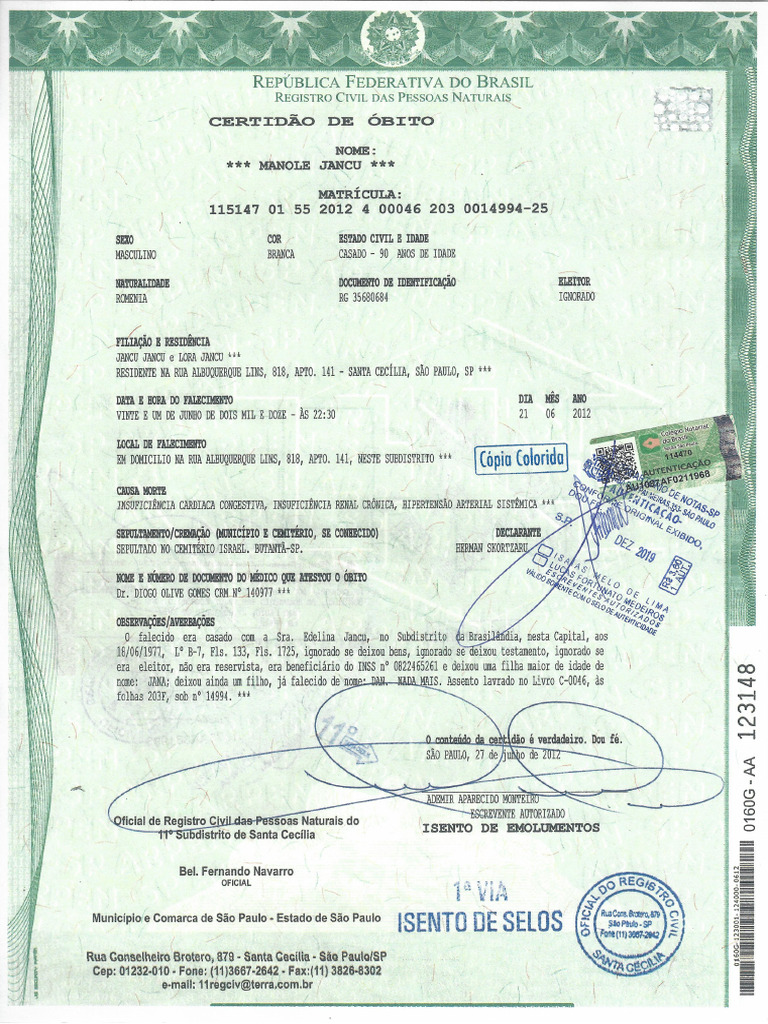 Certidao de Obito Manole Jancu | PDF