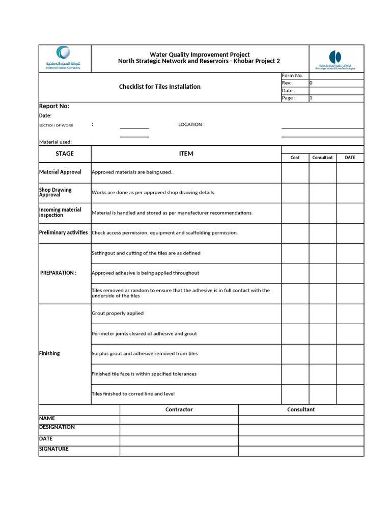 Checklist Tiles installation | PDF
