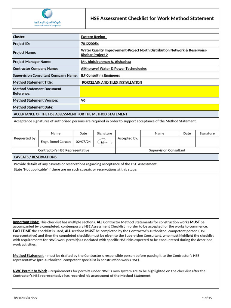 HSE Assessment Checklist for Work Method Statement_Porcelain and Tile Installation Rev 00 | PDF ...