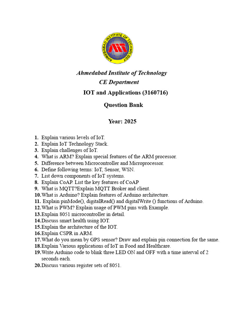 IOT and Application - 3160716 - Question Bank | PDF