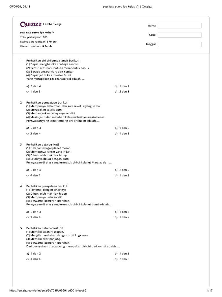Soal Tata Surya Ipa Kelas VII - Quizizz | PDF