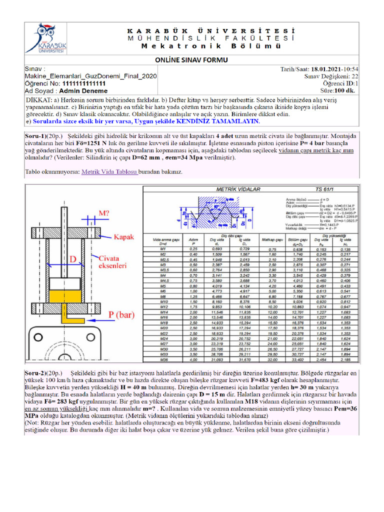 Final Sinavi Makine Elemanlari SorularVeCozumler 18.01.2021 | PDF