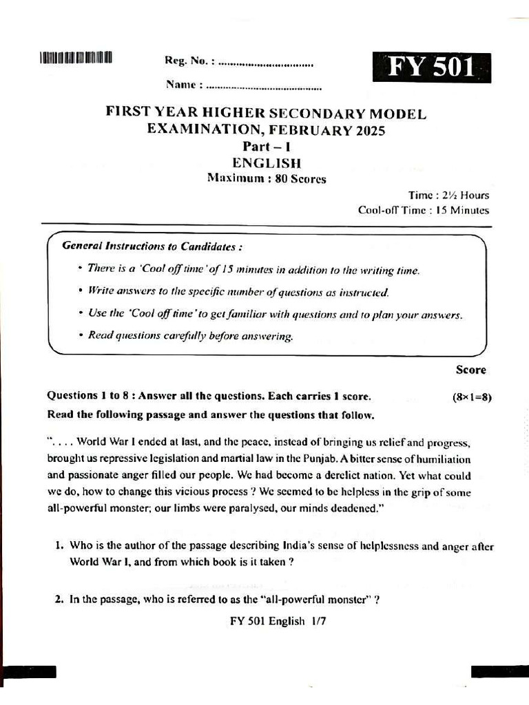 Hsslive Xi English Model Exam 2025 | PDF