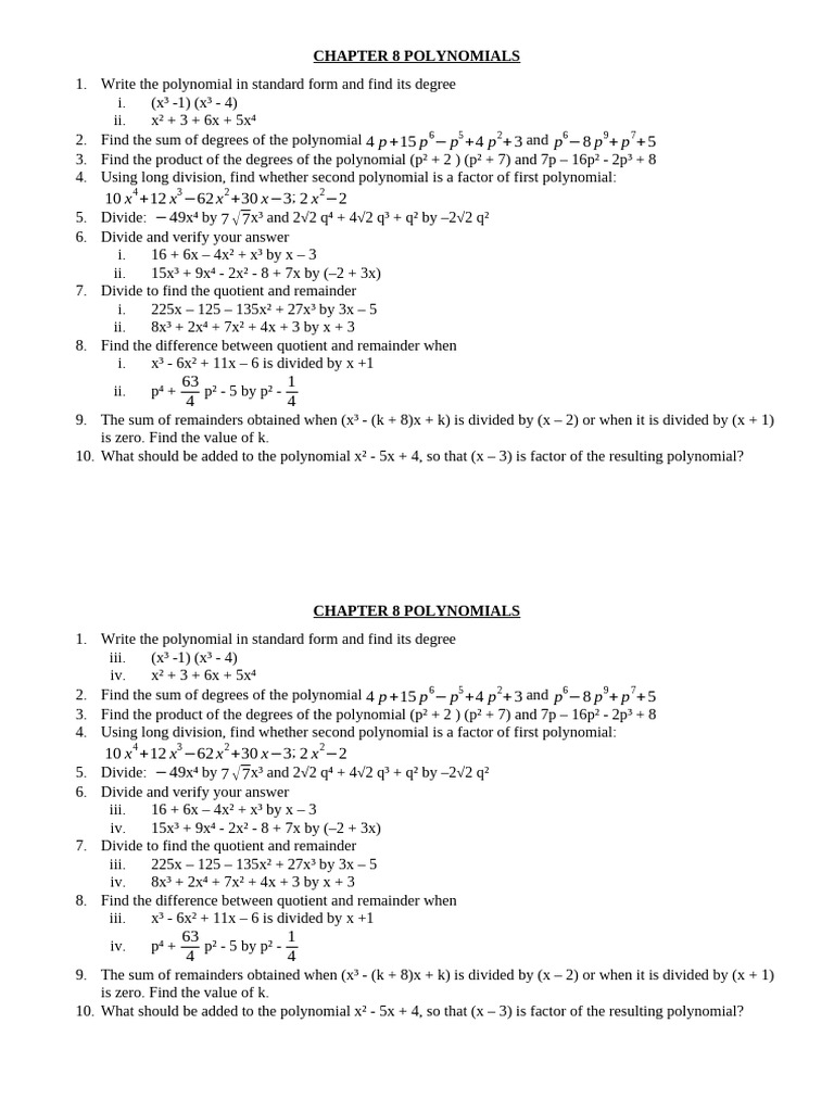 CHAPTER 8 POLYNOMIALS | PDF | Polynomial | Applied Mathematics