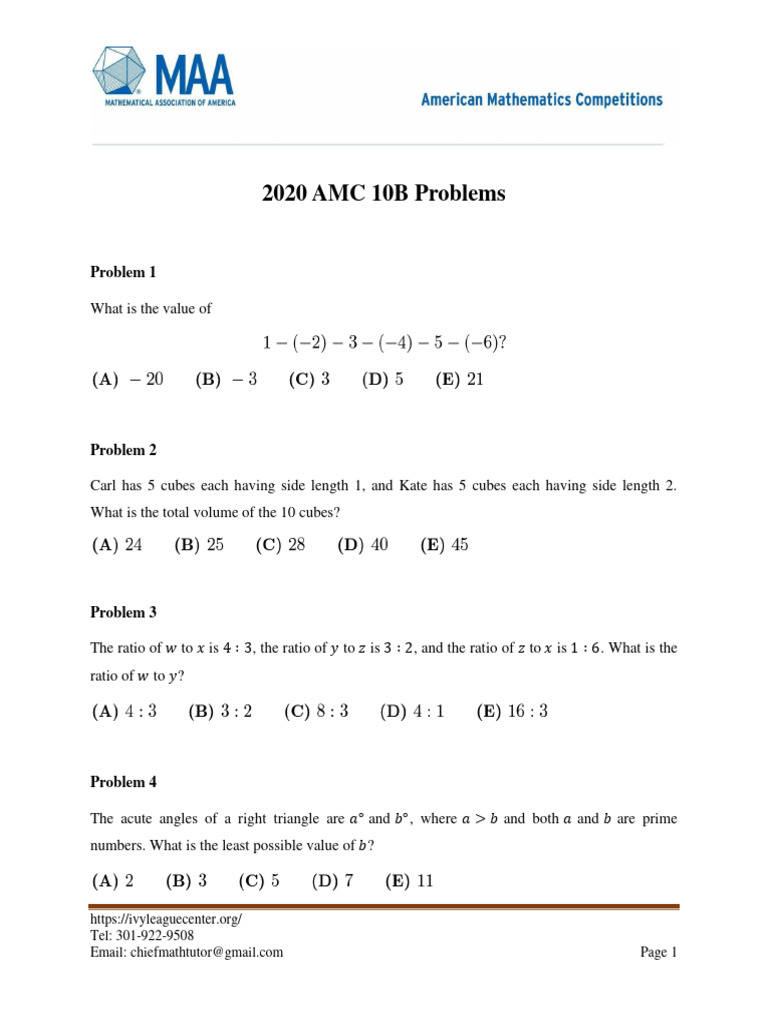 2020 Amc 10b Problems and Answers 1 | PDF | Mathematical Concepts ...