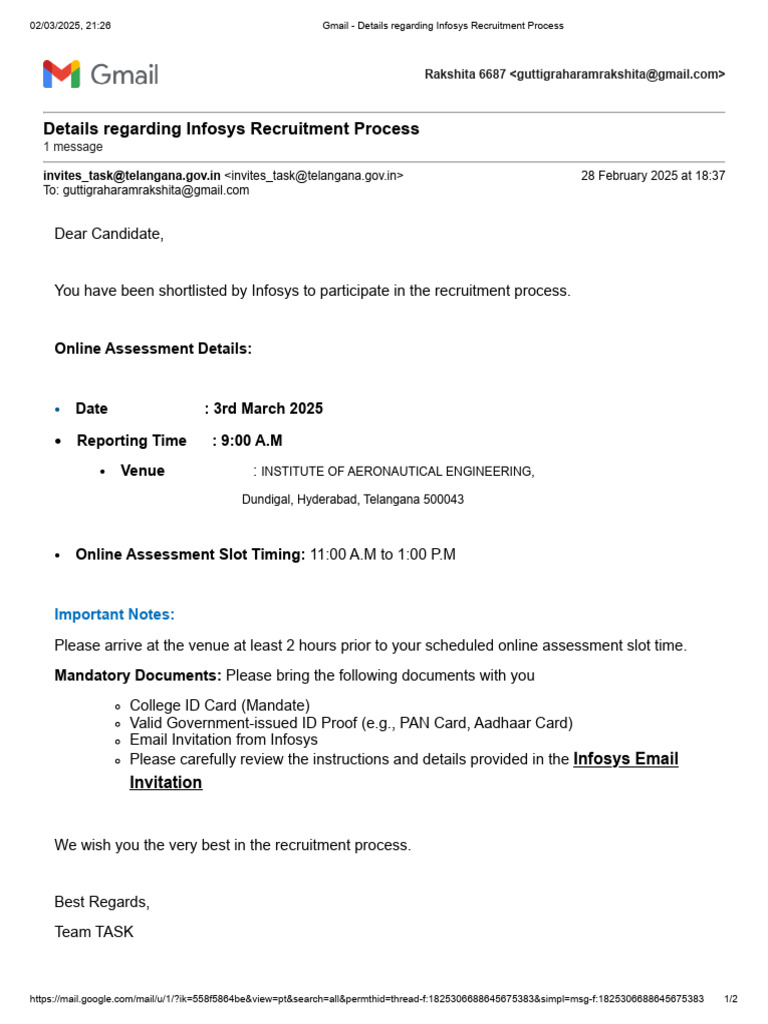 Gmail - Details Regarding Infosys Recruitment Process | PDF