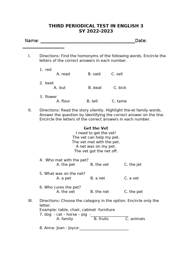 English 3 Third Periodical Test | PDF