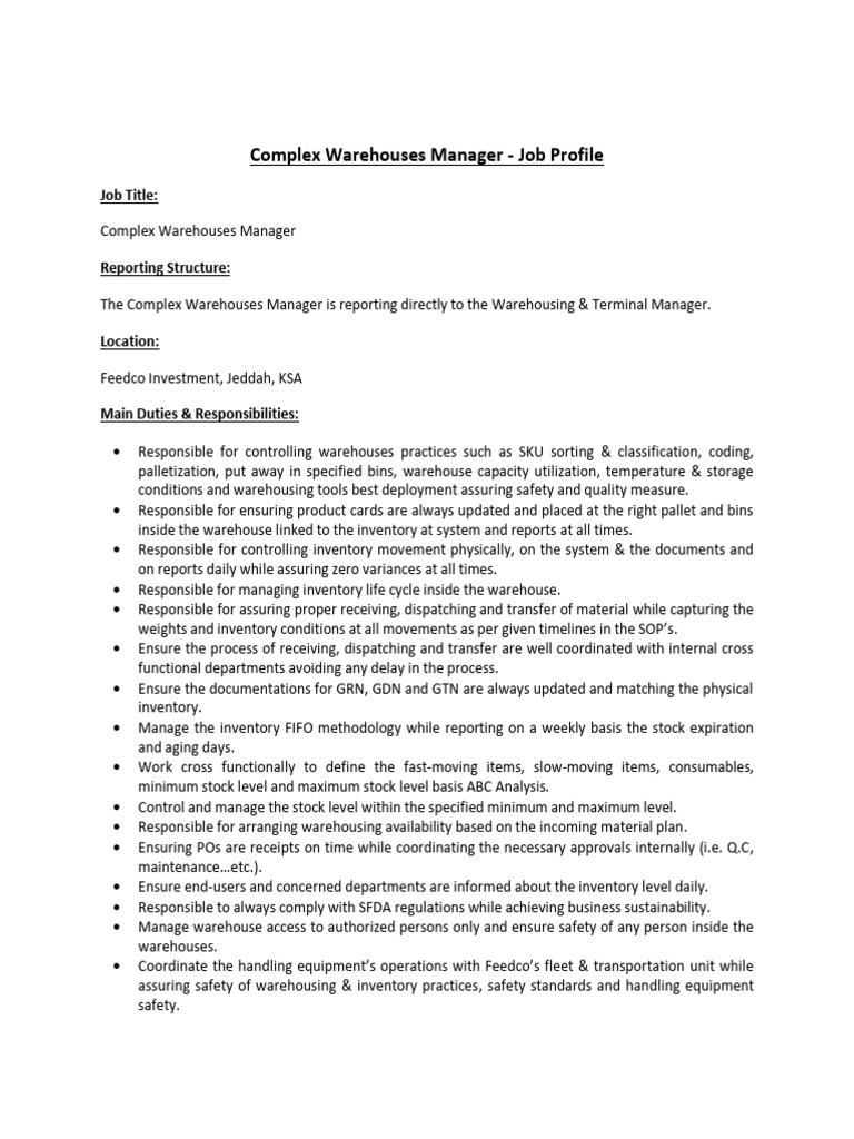 JD - Complex Warehouses Manager | PDF | Warehouse | Inventory