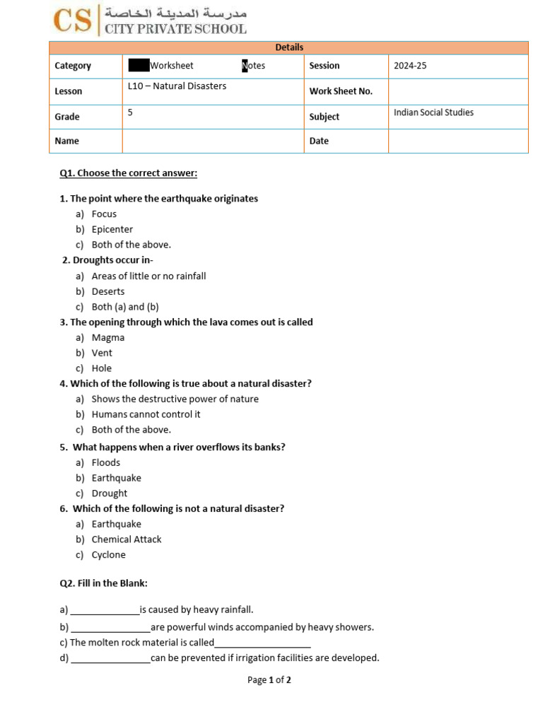 6th Class Natural Disasters Answer Key | PDF